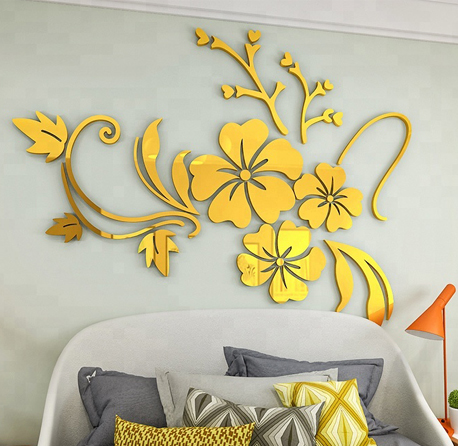 Modern Gold Flower Shape 3D wall sticker home decor acrylic mirror wall ...